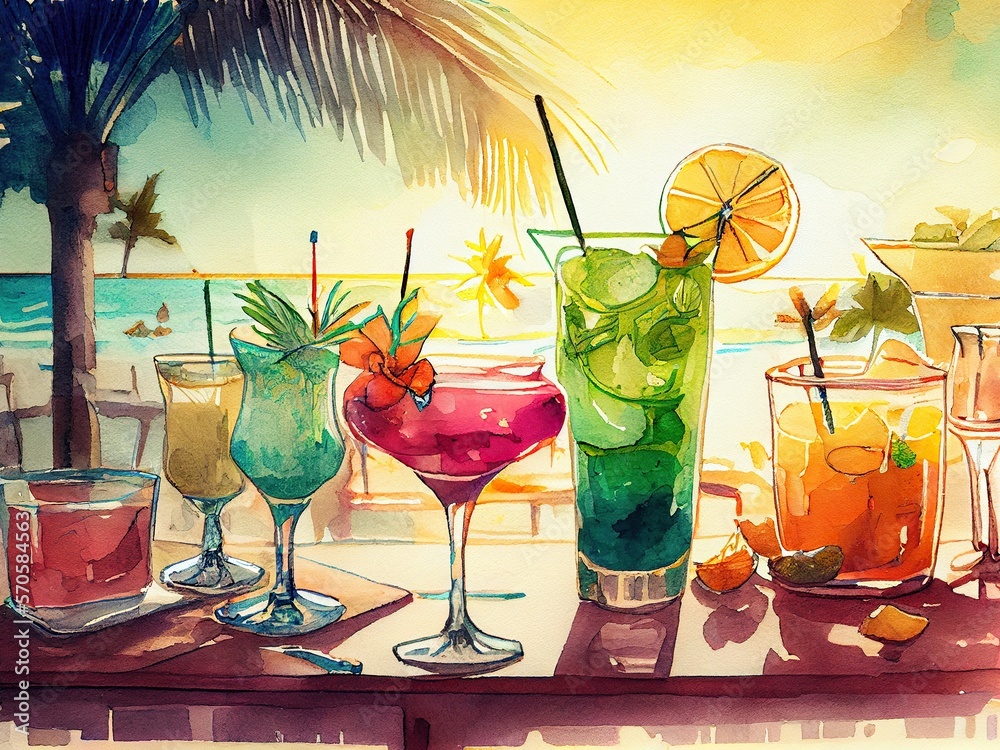 Watercolor painting of tropical cocktails on beach bar counter ...