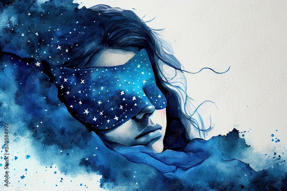 Watercolor painting of beautiful woman in sleeping mask with stars ...