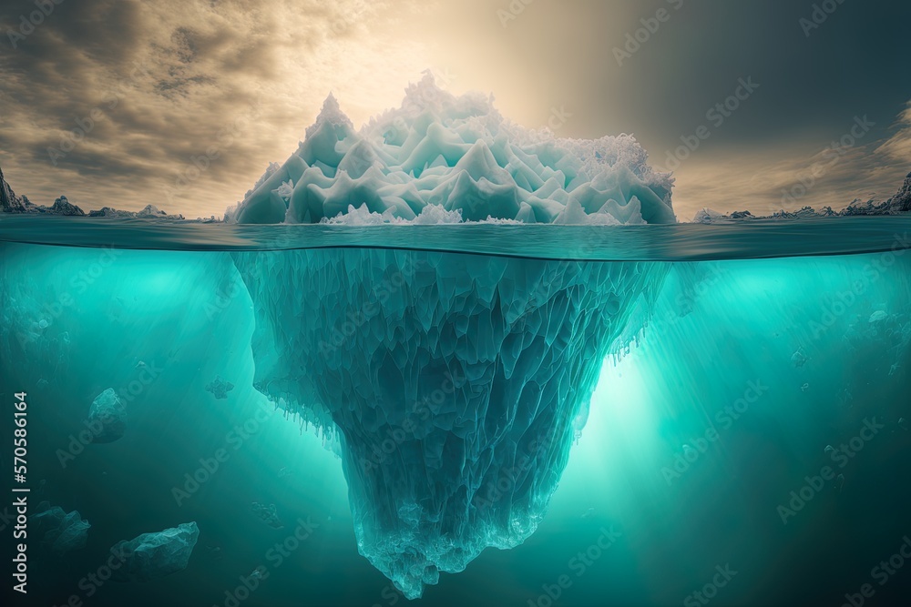 A caustic iceberg floats in the ocean, revealing the sandy floor ...