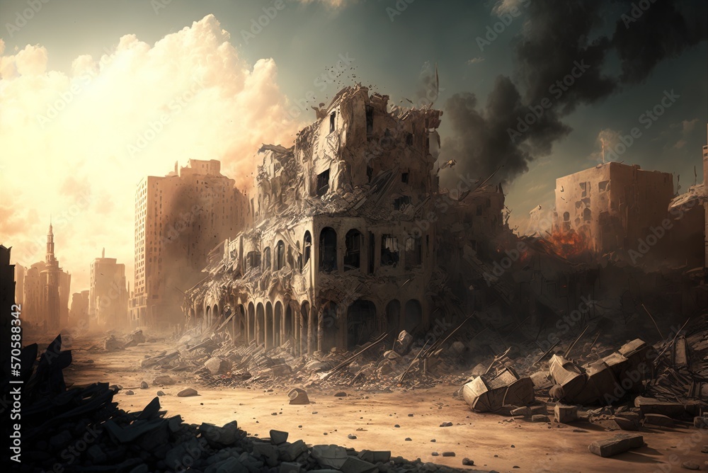 ภาพประกอบสต็อก The cityscape has been ravaged by bombing and now looks ...