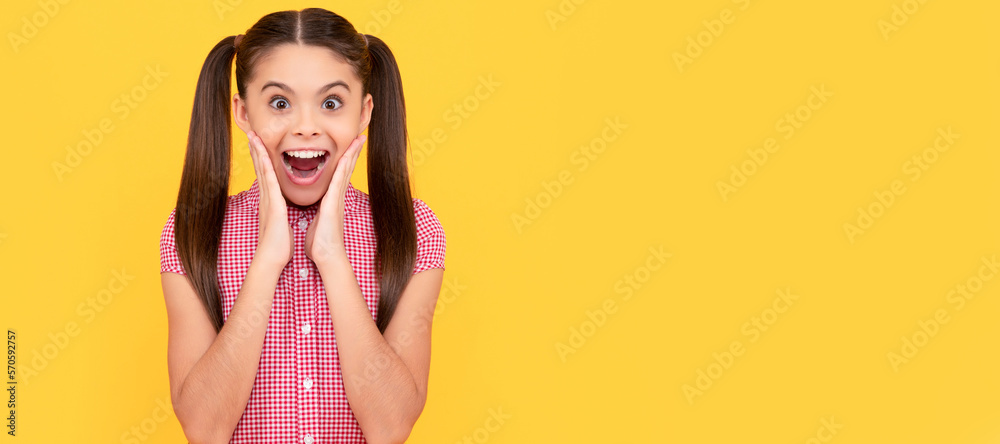 Shocked eye-popping tween girl show surprise yellow background, OMG ...
