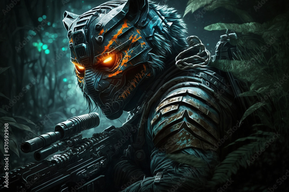 The tiger in a sniper uniform is hiding in the dark forest. The tiger ...