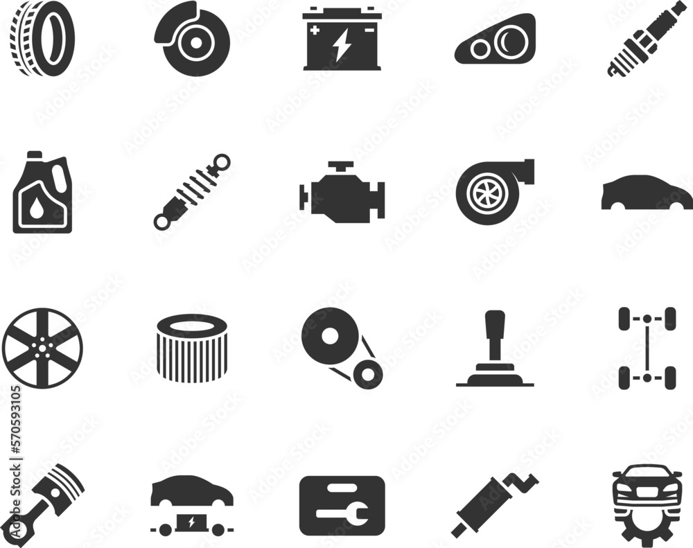 Vector set of auto parts flat icons. Contains icons tire, alloy wheel ...