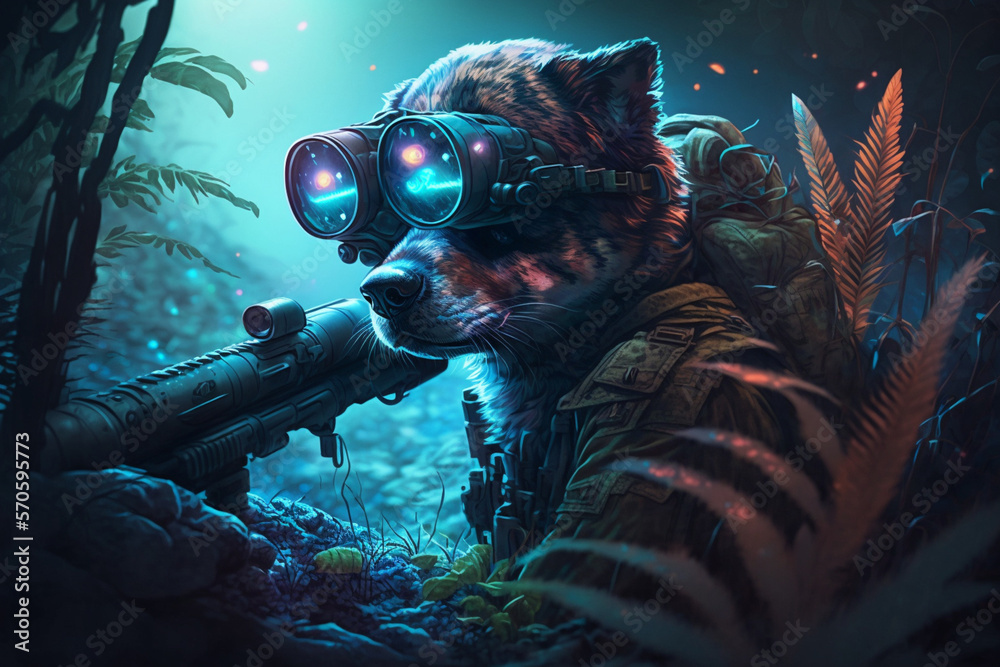 The dog in a sniper uniform is hiding in the dark forest. The dog lurks ...