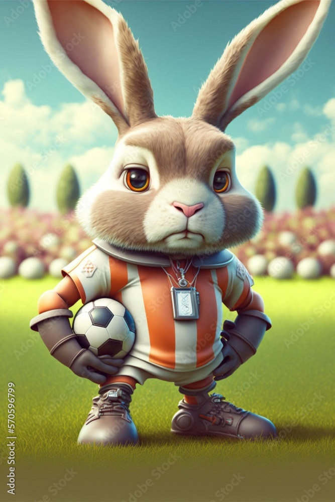 cartoon rabbit is holding a soccer ball. generative ai. Stock ...