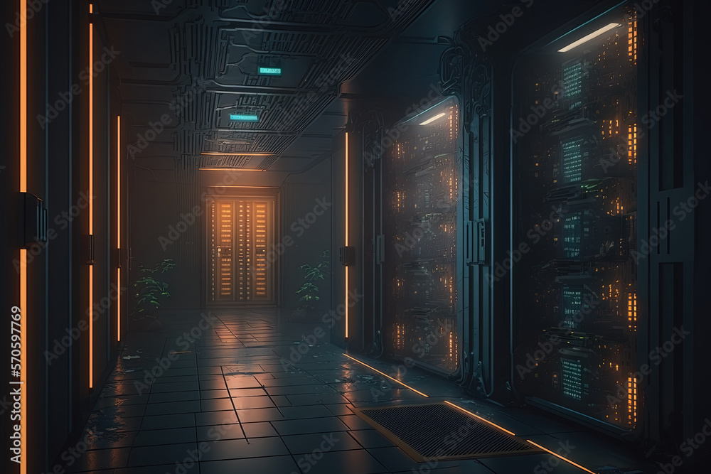 server room, with a cinematic lighting scheme creating a moody and ...
