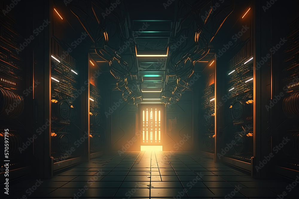 server room, with a cinematic lighting scheme creating a moody and ...