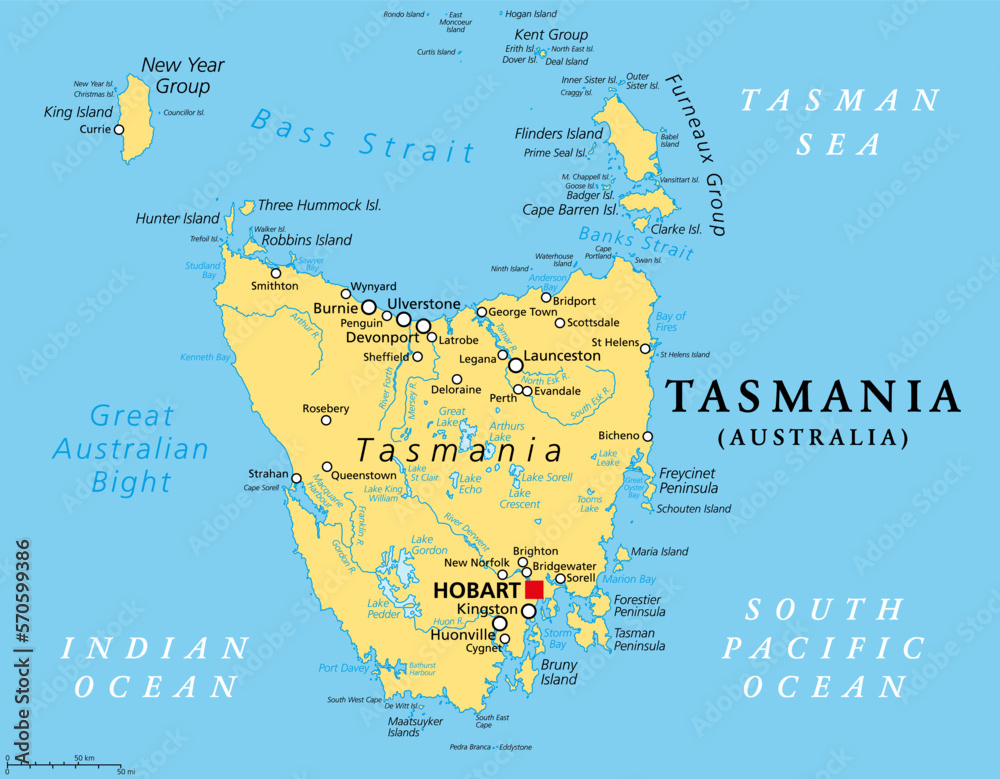 Tasmania, island state of Australia, political map. Located south of ...