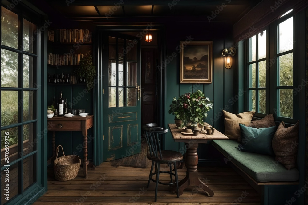 Ilustrace „Stylized interior design with wooden floor, small windows ...