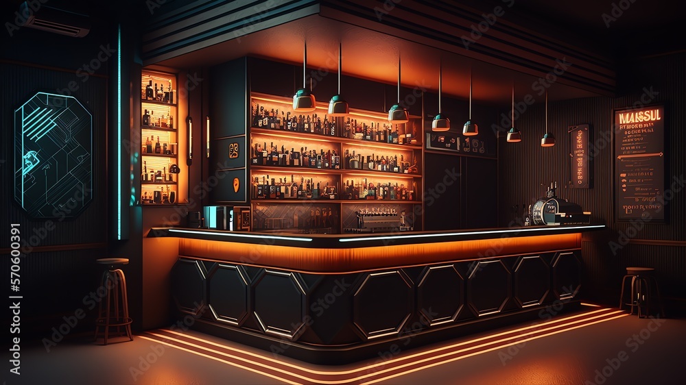 Night club Bar counter. Dance club's neon-lit interior. Modern style ...