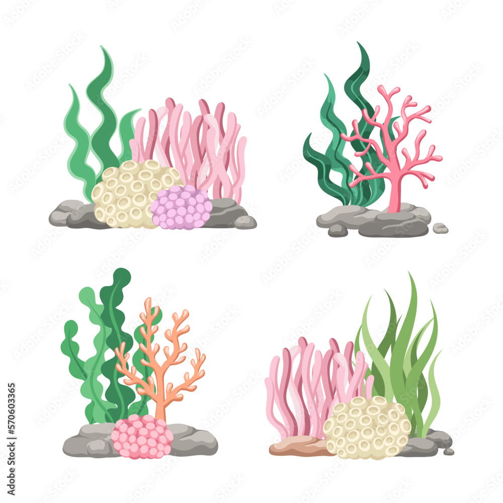Set of coral reefs with algae, seaweed and rocks in various types ...