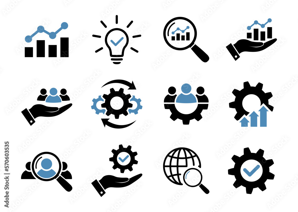 Business icon set in flat. Black and blue business symbols. Financial ...