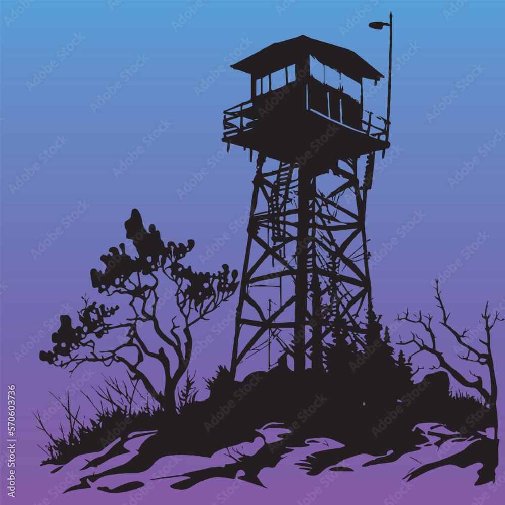 Watchtower silhouette in black color in sunset gradient background ...
