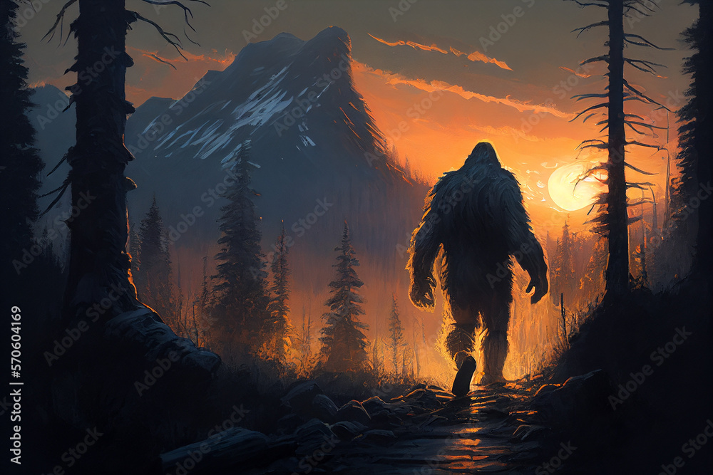 Silhouette of bigfoot walking towards the sunset art created with ...