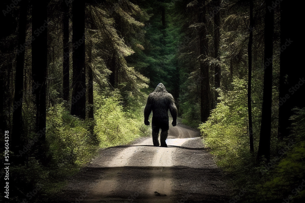 Sighting of bigfoot walking down forest road created with Generative AI Stock Illustration ...