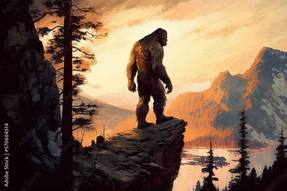 Sasquatch standing on mountain cliff ledge - art created with ...