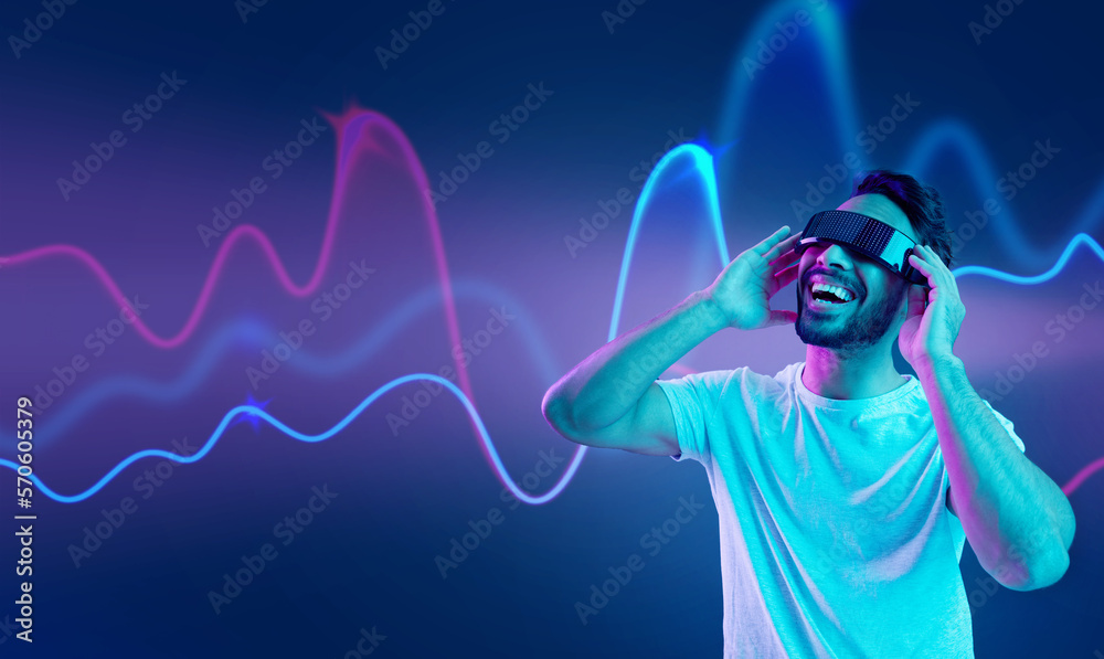 Future, sound wave or happy man in metaverse on purple background ...