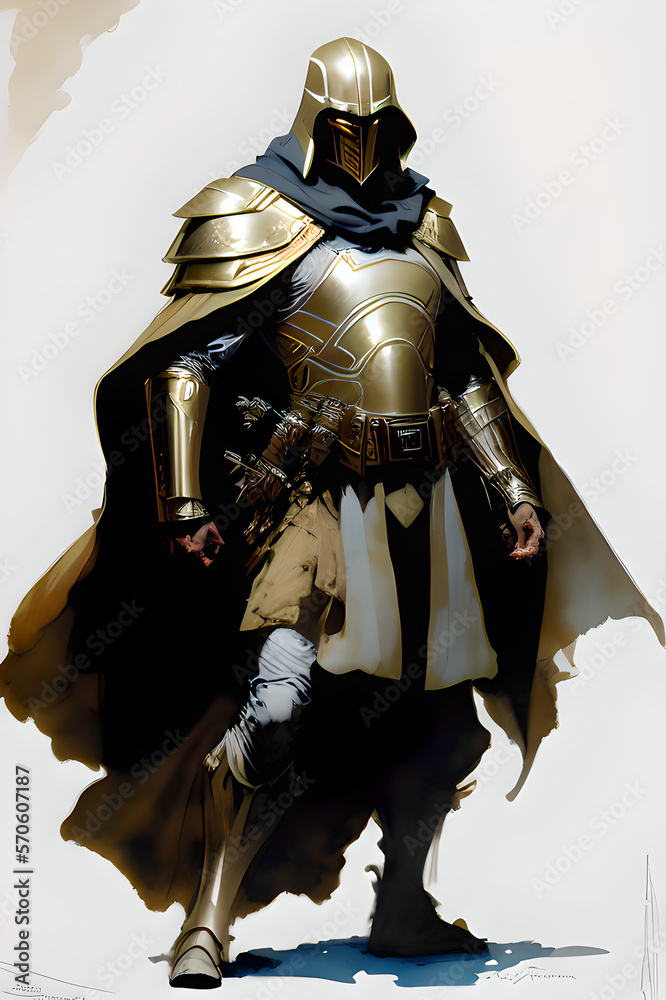 ภาพประกอบสต็อก A futuristic sci-fi knight in white and gold armour with ...