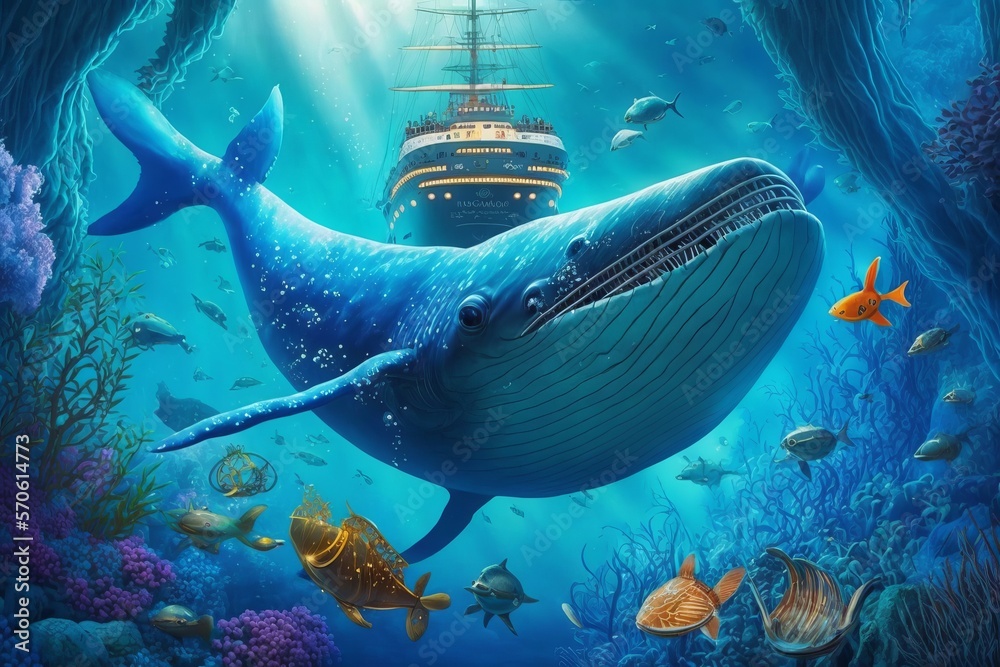 Underwater world with marine animals in which the ship sails children's ...