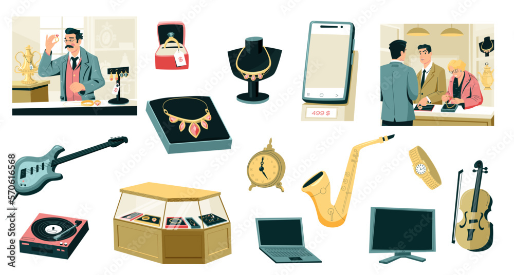 Vetor de Pawn shop collection. Cartoon pawnbroker sells jewelry ...