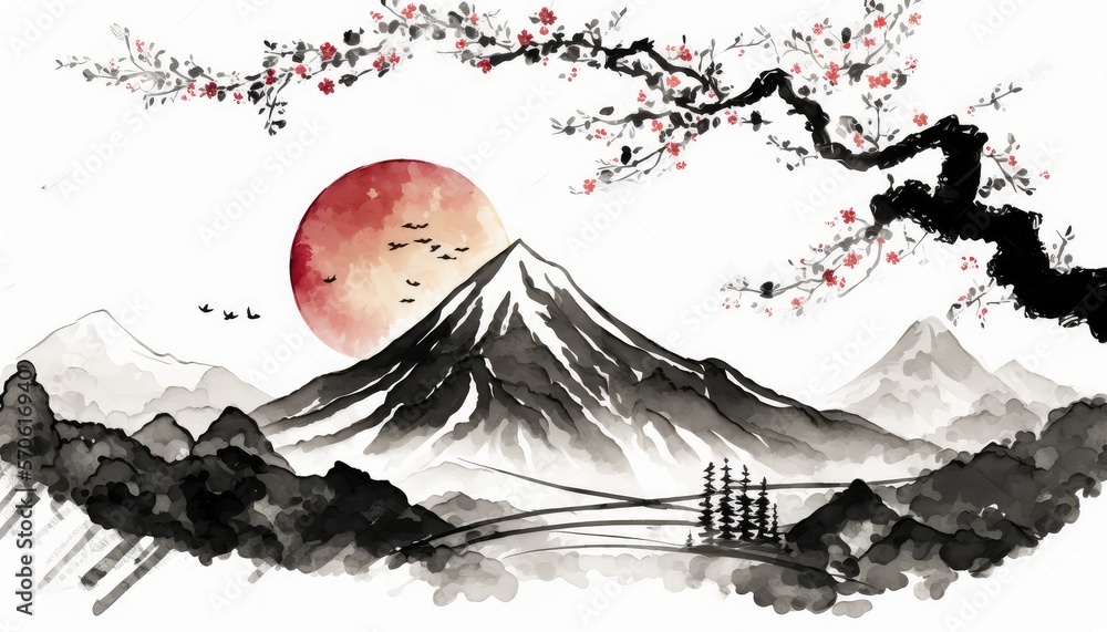 Japan traditional sumi-e painting and Indian ink concept illustration ...