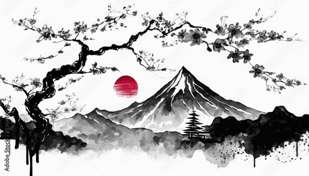 Japan traditional sumi-e painting and Indian ink concept illustration ...