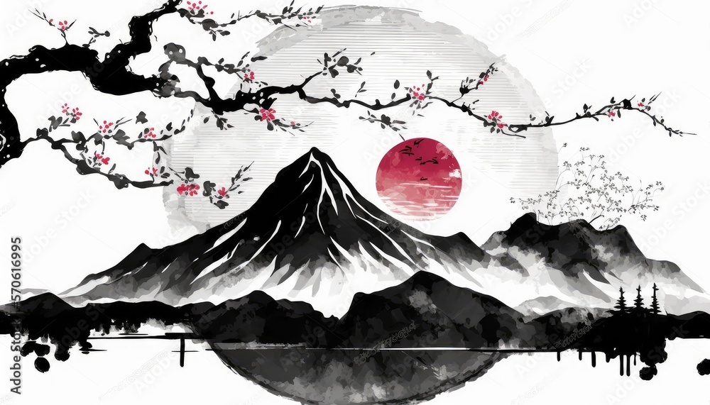 Japan traditional sumi-e painting and Indian ink concept illustration ...