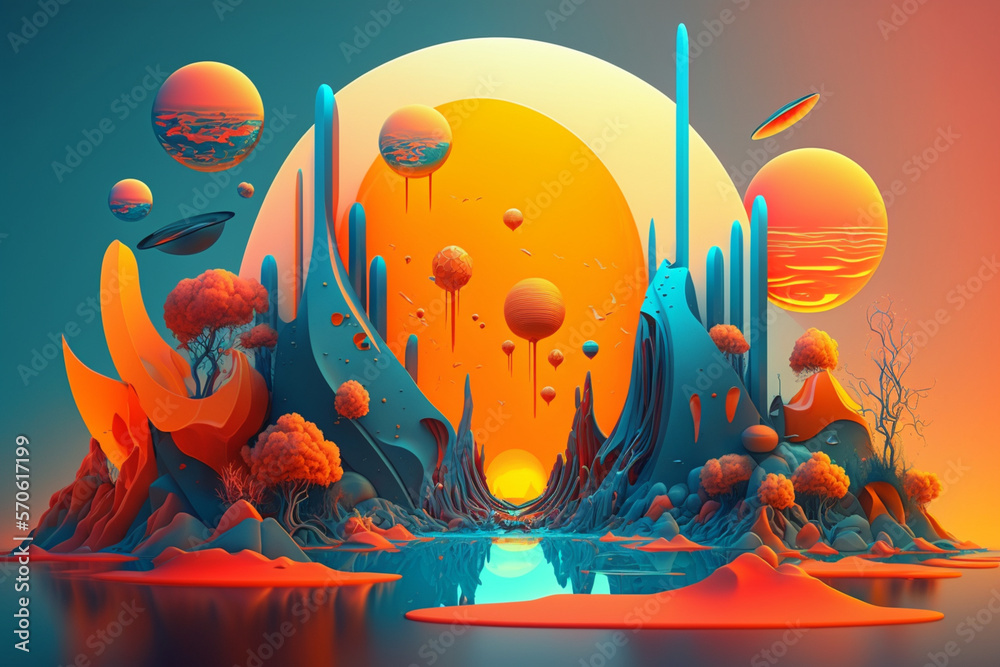 futuristic illustration Added color: Added blue, red and yellow colors ...