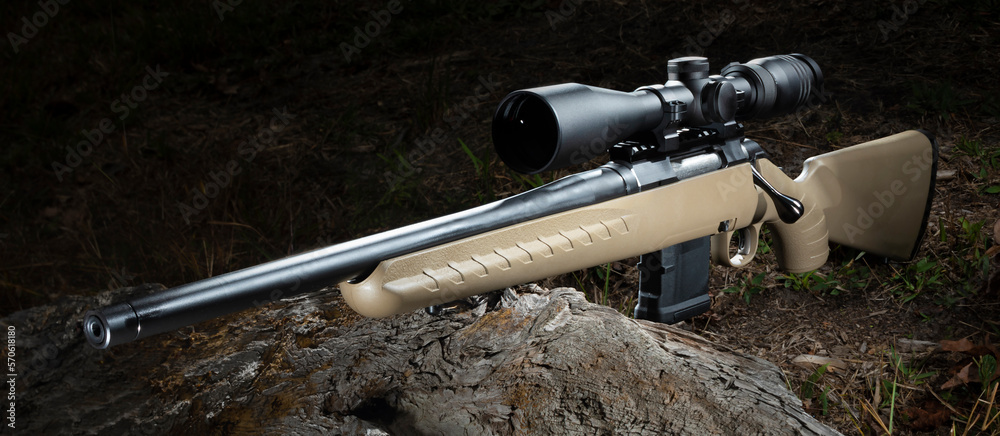 Beige 556 botl action rifle with a scope in the woods Stock Photo ...