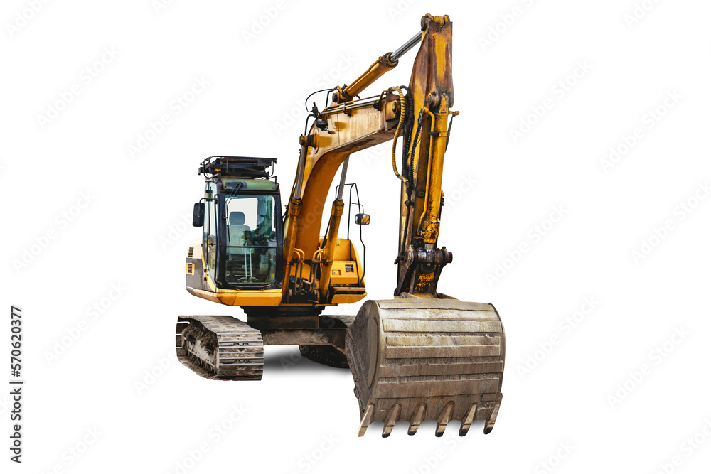 Crawler excavator isolated on white background. Quarry excavator front ...