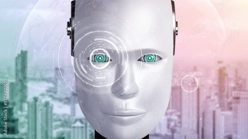 Robot hominoid face close up with graphic concept of AI thinking brain ... Robot hominoid face close up with graphic concept of AI thinking brain ...