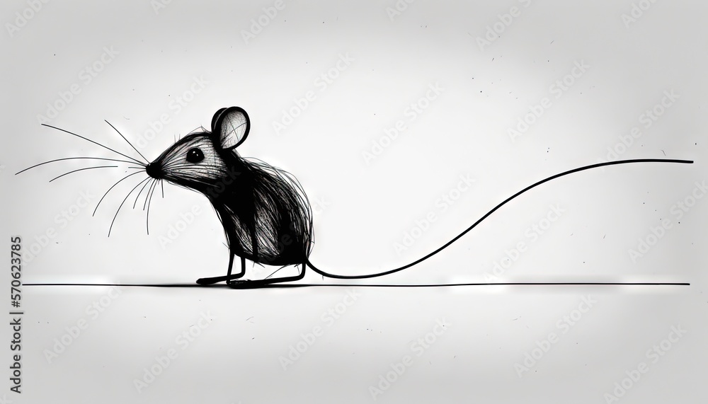 a drawing of a mouse with a long tail on a white background with a ...