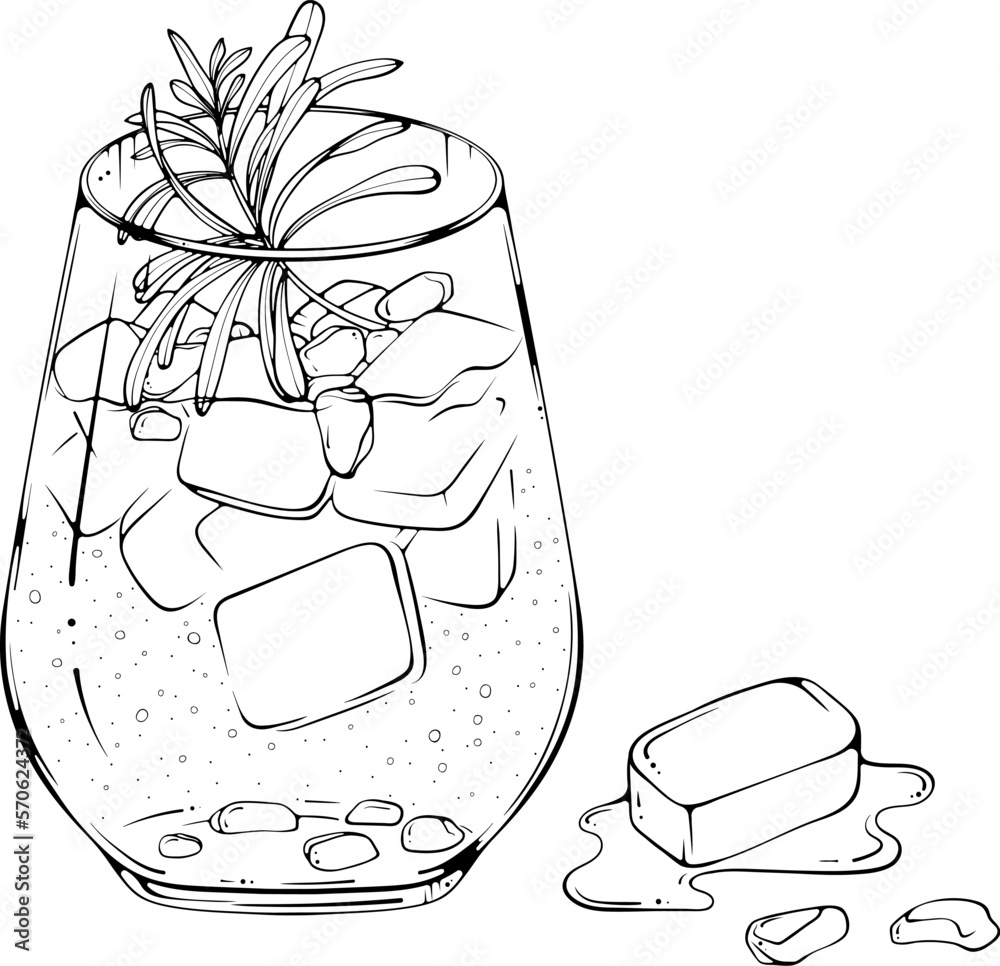 Cold cocktail with pomegranate, ice and rosemary. Vector illustration ...