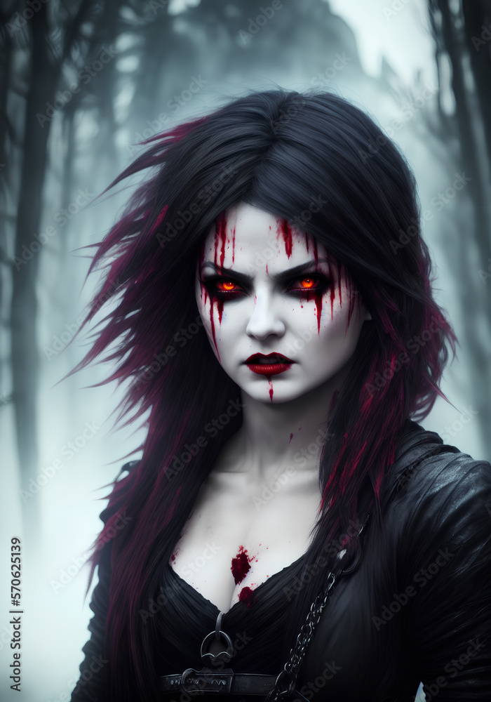 Beautiful witch with red hair of fire. Portrait of a sorceress in blood ...