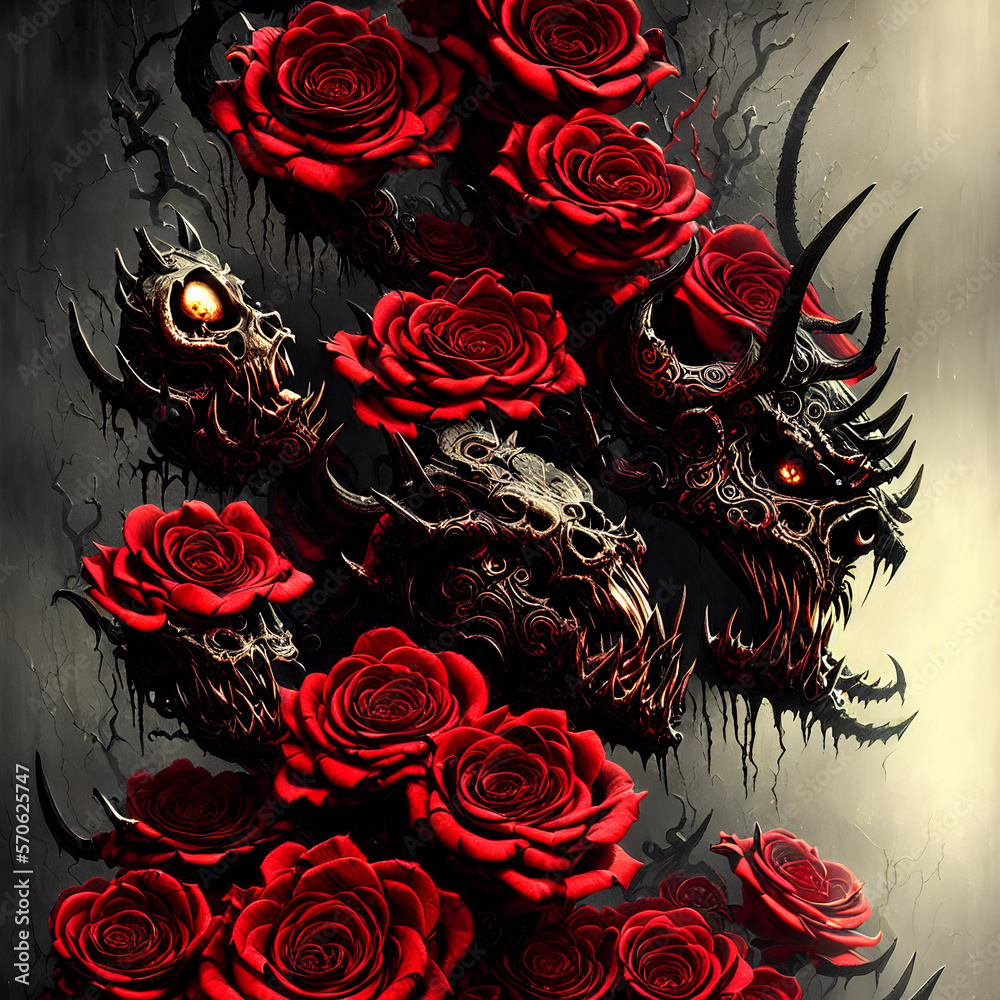 Demon skull red roses and fire with bones tree of dragons illustration ...