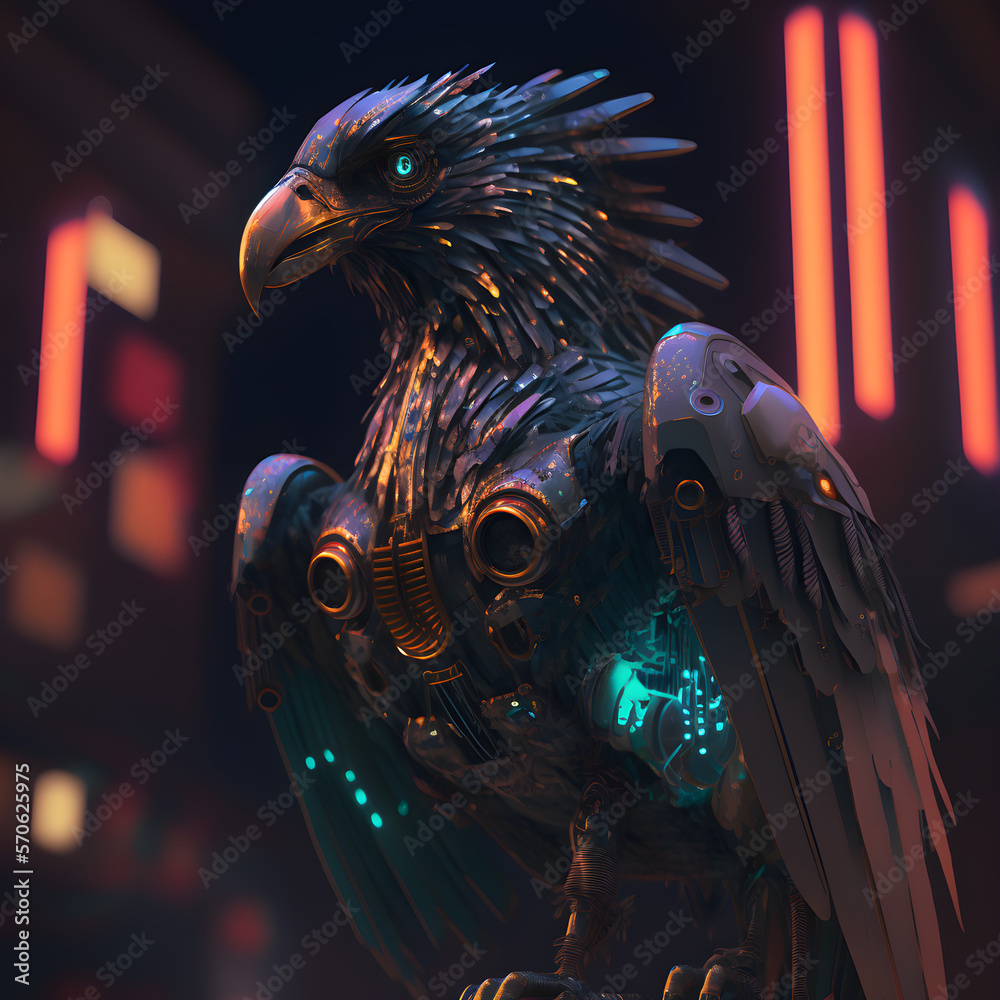 eagle half robot, cutting edge style, neon and lasers. mixture of ...