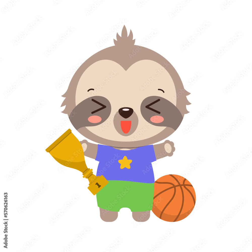 Cute sloth athlete holding award sport cup. Cartoon sloth basketball ...