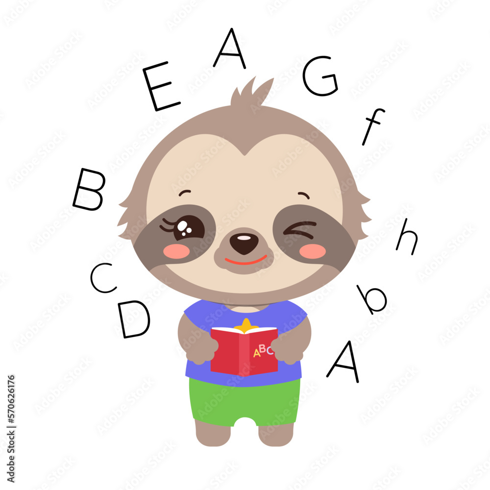 School student sloth holding a textbook. Elementary pupil little sloth ...