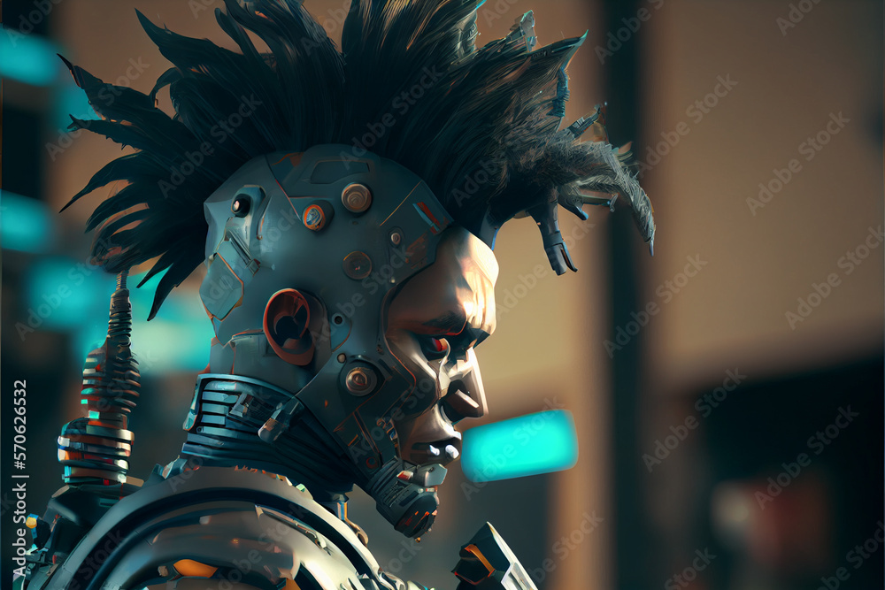 Cyberpunk AI hacker robot. Science fiction skull faced cyborg with mohawk hair. AI robot hacker ...