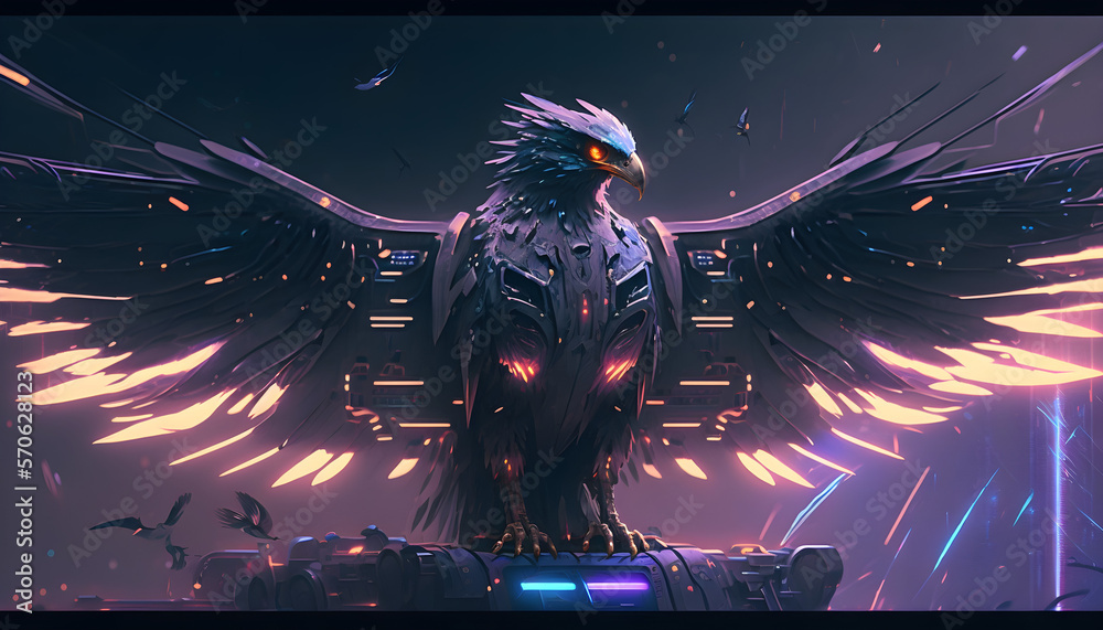 eagle half robot, cutting edge style, neon and lasers. mixture of ...