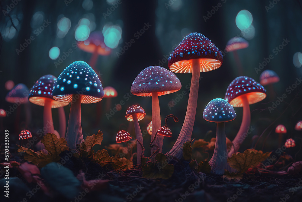 Magical mushrooms glowing toadstools of different colors in the forest ...