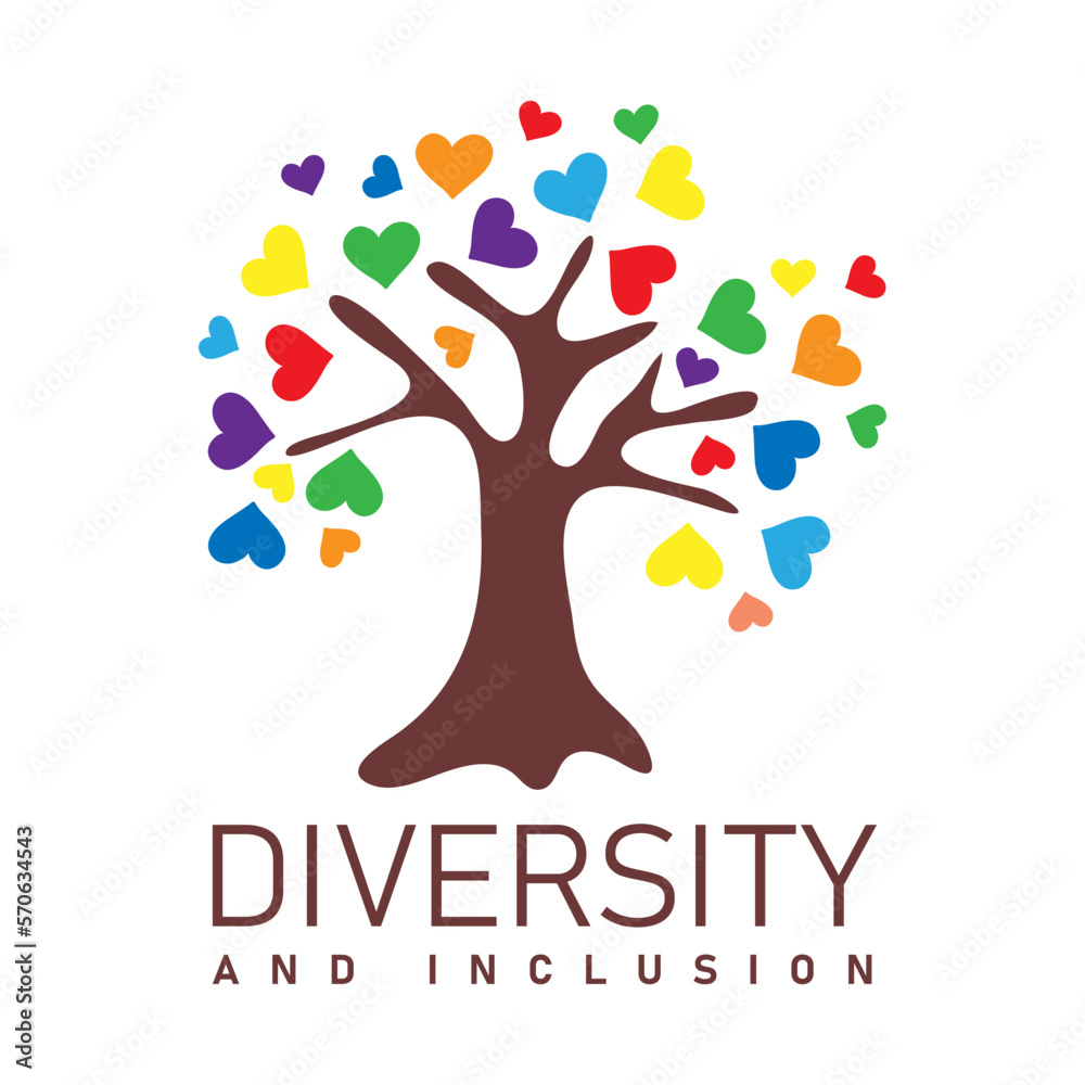 Diversity and Inclusion. Tree with heart shaped leaves in rainbow ...