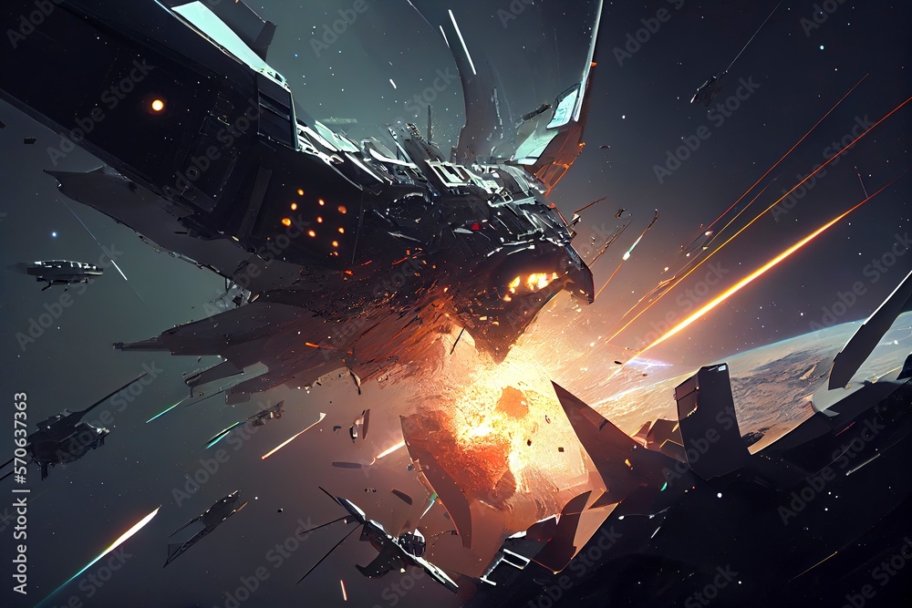 Sci Fi spaceship exploding in outer space during a space battle. AI ...