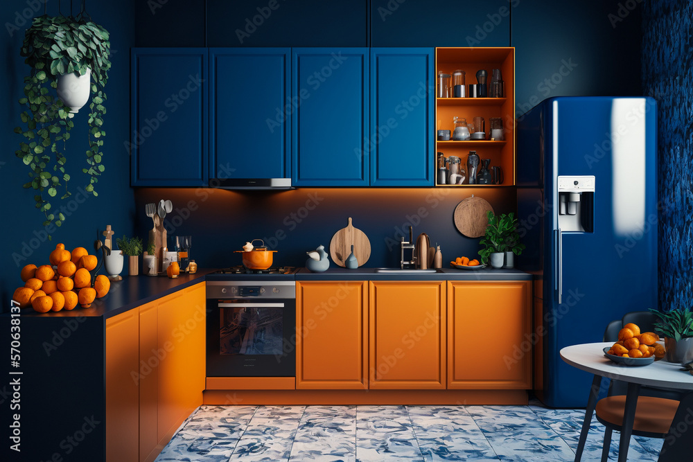Modern style orange kitchen interior design with dark blue wall. Idea ...