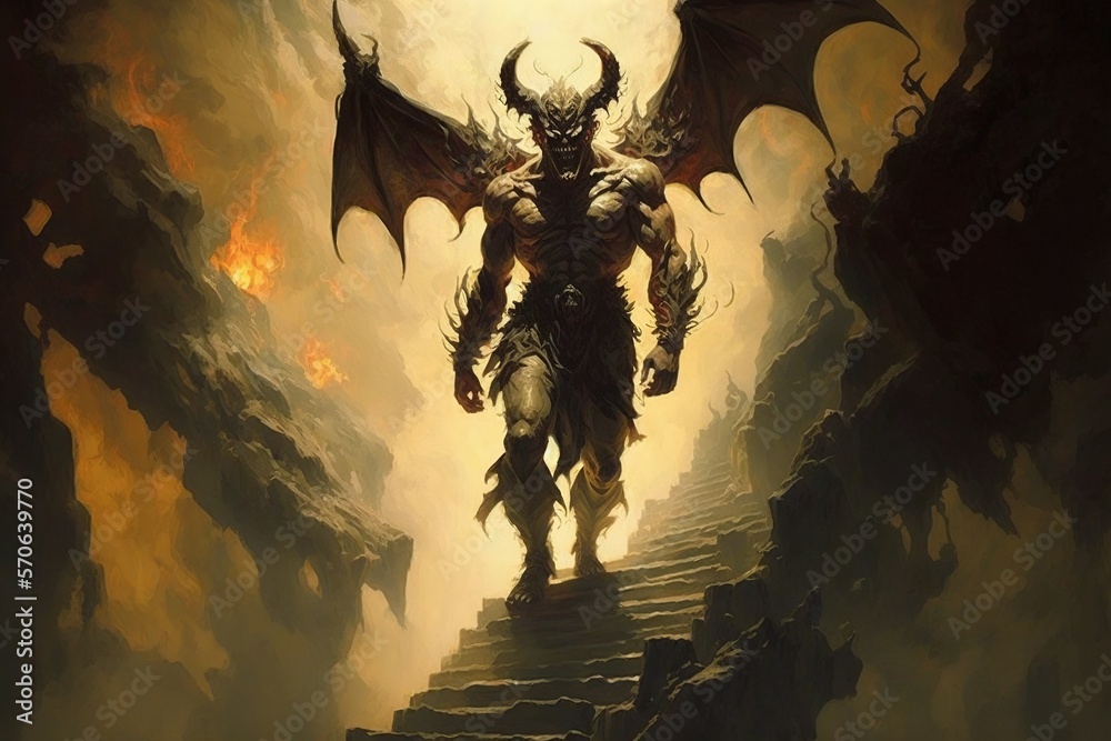 Scary horned demon with wings walking the stairs of hell Stock ...