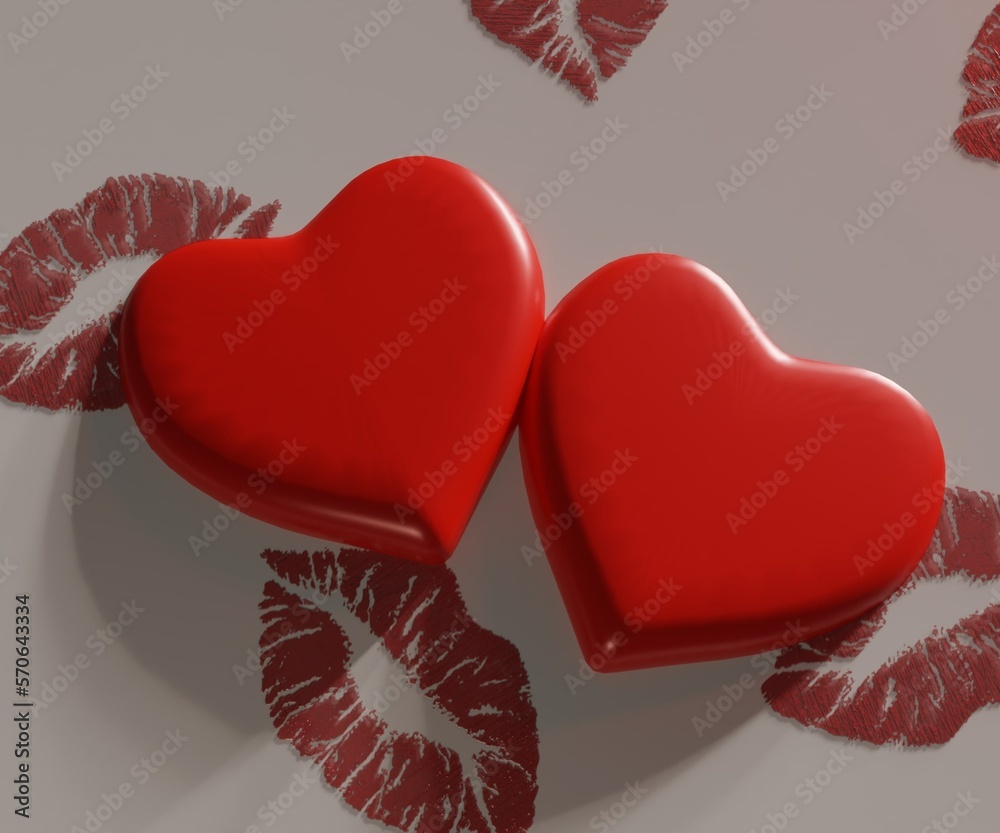 red heart shape with handcuffs with red lipstick stain 3d rendering ...