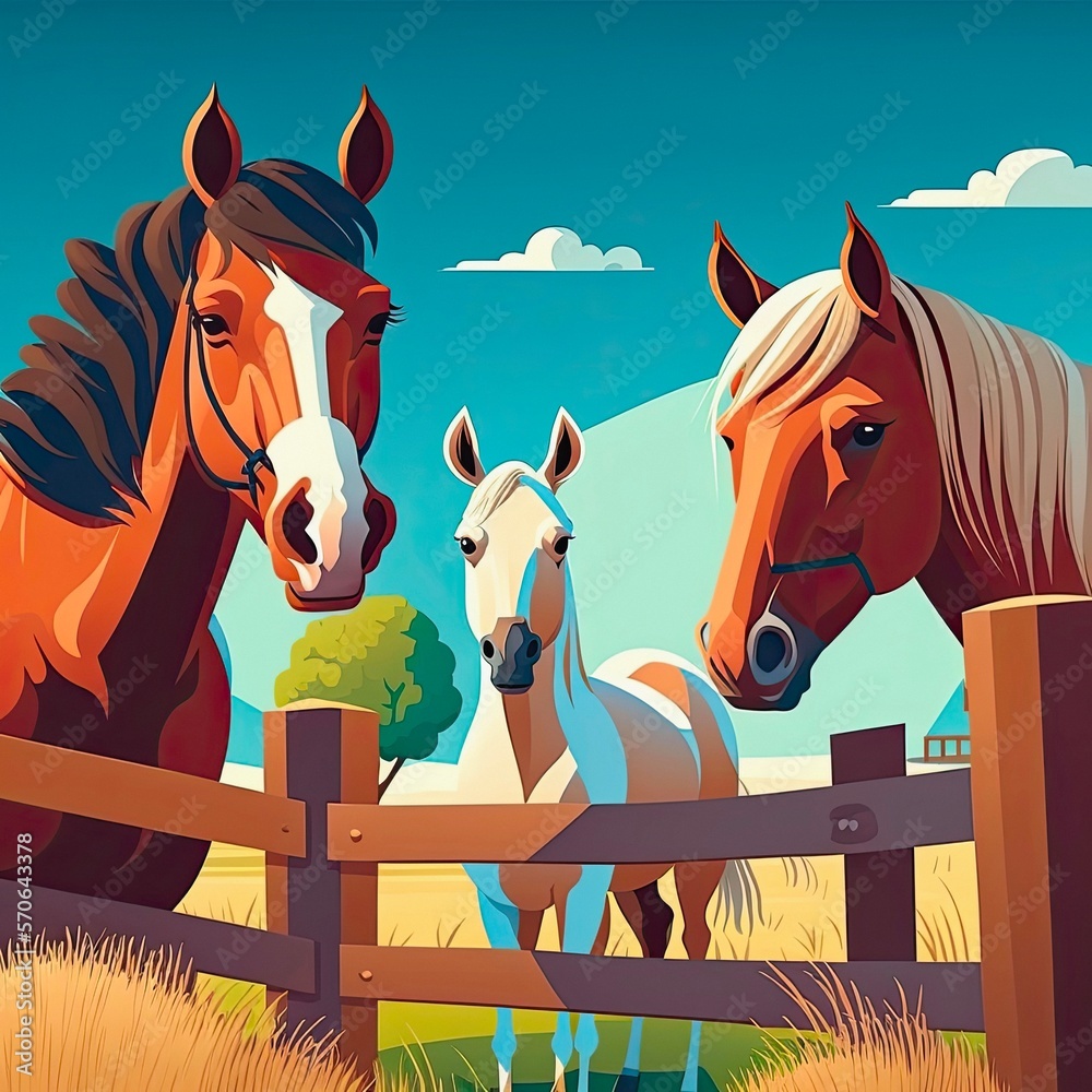 Flat cartoon illustration of beautiful horses on the farm outdoor ...