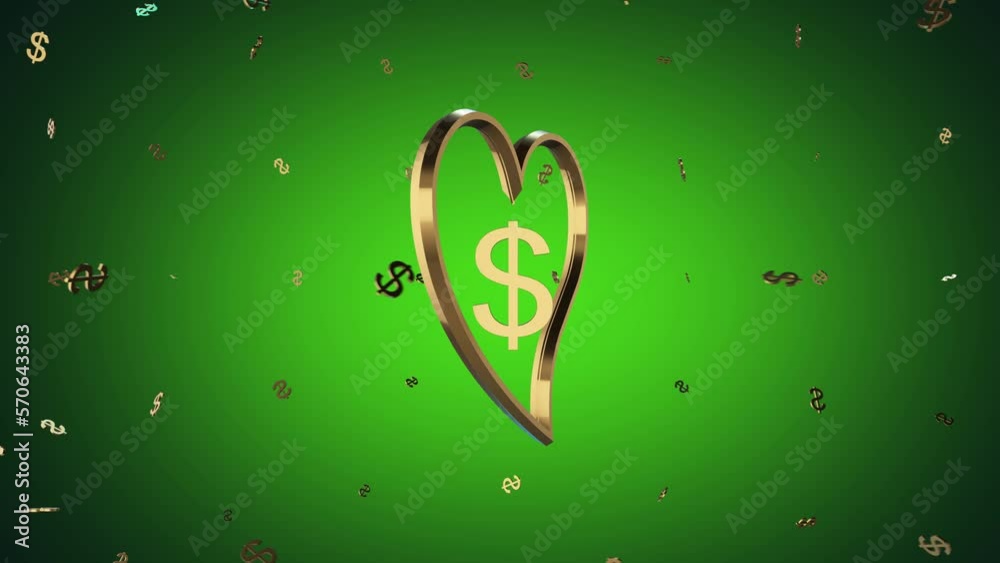 Symbols of the American currency dollars in a heart of gold rotate in a ...