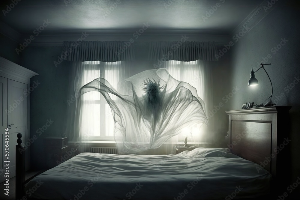 Terrifying ghostly monster flies over the bed, night horror concept ...