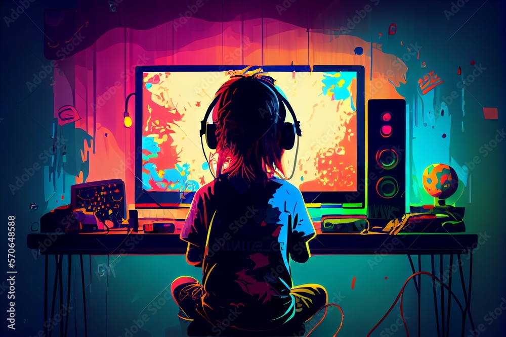 Kid playing video games in his room. Back view of a child sitting in ...